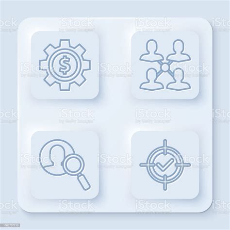 달러 기호 프로젝트 팀 베이스 사람을 검색하고 대상 및 확인 표시를 위한 돋보기와 라인 기어를 설정합니다 흰색 정사각형 버튼 벡터 개념에 대한 스톡 벡터 아트 및 기타