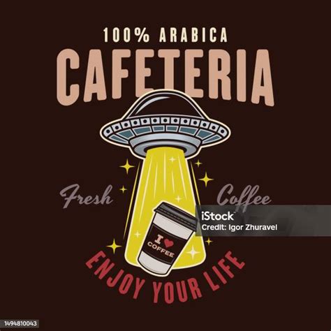 카페테리아 벡터 엠블럼 로고 배지 또는 어두운 배경에 컬러 스타일의 커피 종이컵을 훔치는 Ufo가 있는 레이블 개념에 대한 스톡