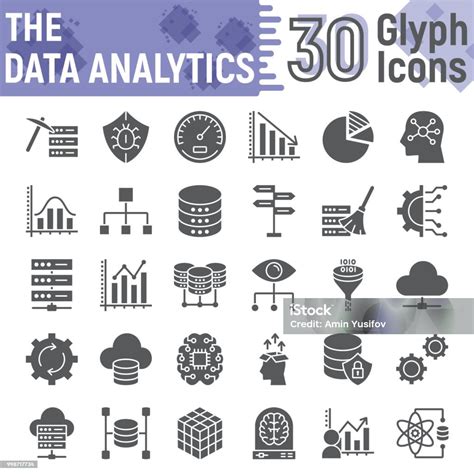 데이터 분석 글리프 아이콘 세트 데이터베이스 컬렉션 벡터 스케치 로고 일러스트 웹 호스팅 표지판 고체 무늬 패키지 흰색 배경