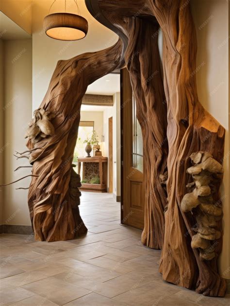 Premium Ai Image Tree Trunk Columns In Rustic Interior Design Of