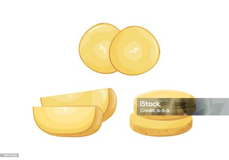 얇게 썬 감자 껍질을 벗기거나 비건 요리 조리 된 제품 만화 벡터 일러스트레이션에 삶은 구운 또는 생 반 감자로 다진 반지로 다진 0명에 대한 스톡 벡터 아트 및 기타