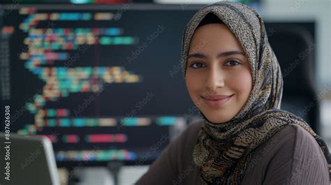 Confident Hijab Wearing Female Computer Scientist With Code And Data On Computer Demonstrating