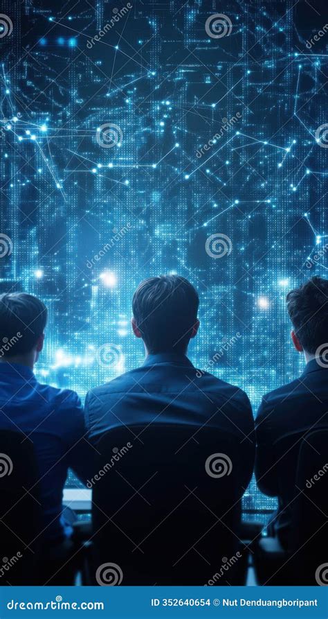 Three Men Observing Digital Data Visualization Display Stock