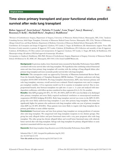 Pdf Time Since Primary Transplant And Poor Functional Status Predict Survival After Redo Lung