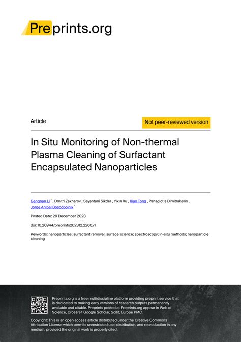 Pdf In Situ Monitoring Of Non Thermal Plasma Cleaning Of Surfactant Encapsulated Nanoparticles