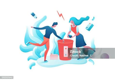 배터리 재활용 개념 특수 쓰레기통에 배터리 의 폐기 깨끗한 환경 생태 평면 만화 환경 벡터 일러스트 사람이 용기에 쓰레기를 넣어