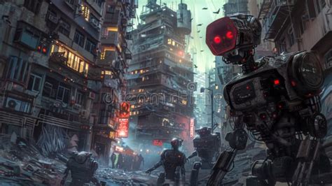 Robots Patrolling Dark Cyberpunk City Street Stock Illustration Illustration Of Dystopian
