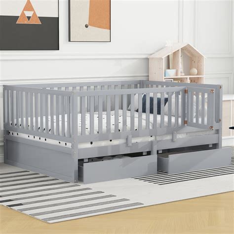 Gray Full Size Solid Wood Daybed With Guardrails And 2 Drawers Split