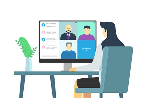 온라인 컨퍼런스에 참여하는 컴퓨터 화면의 사람들 그룹 업무 회의 및 원격 교육 웨비나 또는 화상 회의 회사 직원과의 화상 회의
