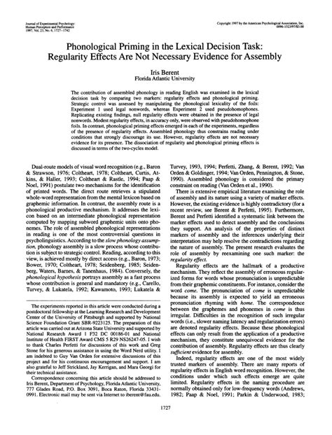 Pdf Phonological Priming In The Lexical Decision Task Regularity Effects Are Not Necessary