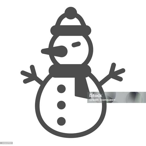 스카프와 모자 단단한 아이콘 행복한 크리스마스 개념과 눈사람 벡터 그래픽입니다 스노우 볼 휴머노이드 남자 흰색 배경에 어린이 기쁨 표시 모바일 또는 웹 디자인을위한 글리프