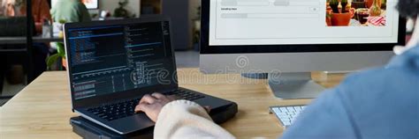 Man Decoding Data On Laptop Screen Stock Image Image Of Graphics