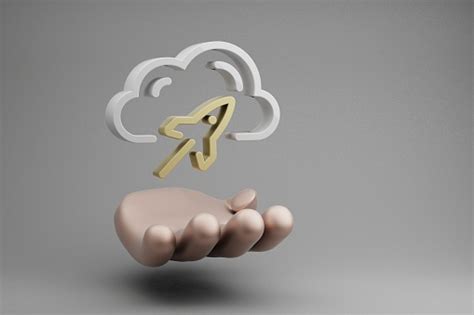아름다운 추상 일러스트 골든 핸드 홀딩 클라우드 서버 속도 로켓 기호 아이콘 회색 배경에 3d 렌더링 그림 디자인의 배경 패턴 웹 호스팅 디지털 생성 이미지에 대한 스톡