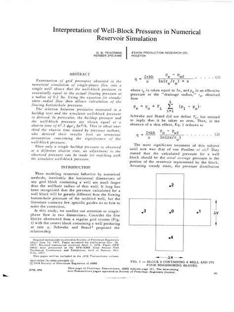Spe006893 Well Block Pressures In Simulation Peaceman Pdf