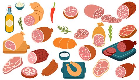 소시지 베이컨 햄 훈제 고기 살라미 소시지 프랑크푸르트 세트 절단 및 전체 소시지와 고기 수집 육류 제품 개체 그룹에 대한 스톡 벡터 아트 및 기타 이미지 Istock