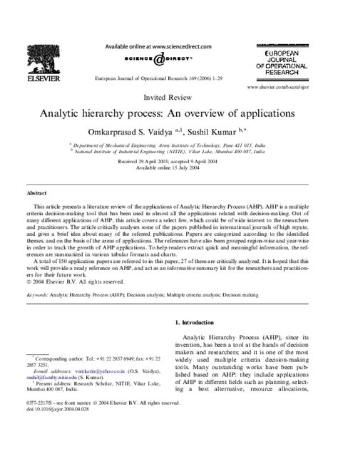 Pdf Analytic Hierarchy Process An Overview Of Applications