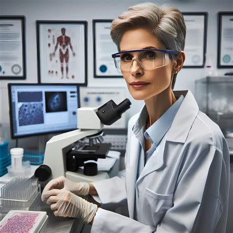 Female Pathologist In White Lab Coat Looking Through A Microscope