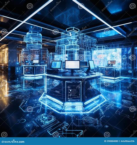 futuristic laboratory holographic code display and robotic arms stock