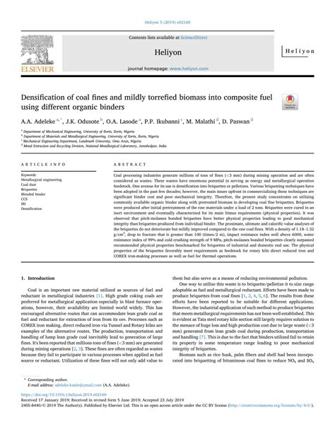 Pdf Densification Of Coal Fines And Mildly Torrefied Biomass Into