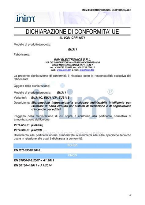 eu311 dichiarazione di conformità ue n 0051 cpr 1871 del