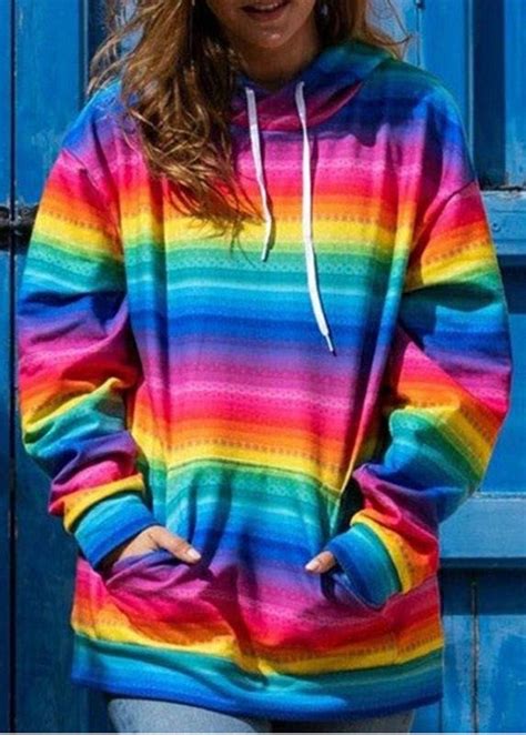 Hoodie Rainbow Stripe Sweater Casual Winter Rainbow Hoodie Rainbow