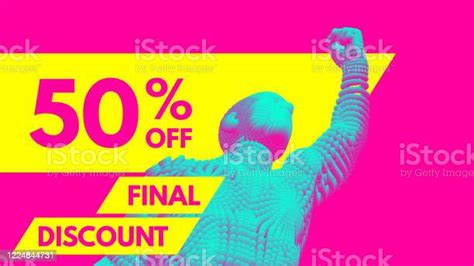 최종 할인 50 할인 세일 및 특별 행사 홍보 및 광고 개념 디자인 또는 인쇄를 위한 벡터 그림입니다 성공을 축하하는 남자 3차원 형태에 대한 스톡 벡터 아트 및 기타