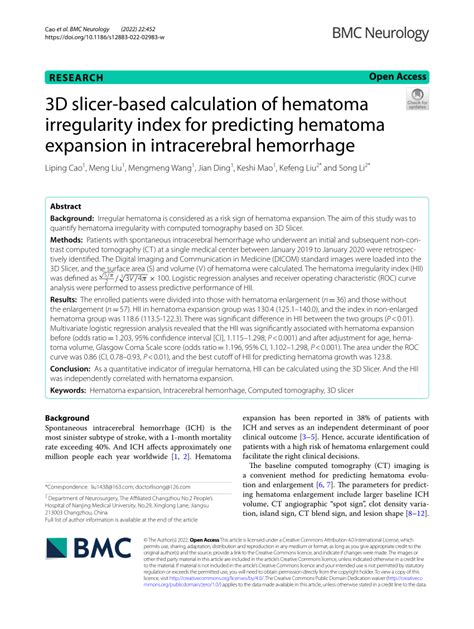Pdf 3d Slicer Based Calculation Of Hematoma Irregularity Index For Predicting Hematoma