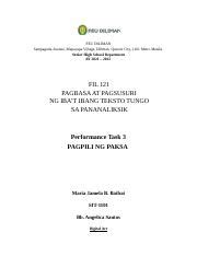 PT3 PERFORMANCE TASK 3 Topic Selection Batbat Docx FEU DILIMAN Sampaguita Avenue Mapayapa