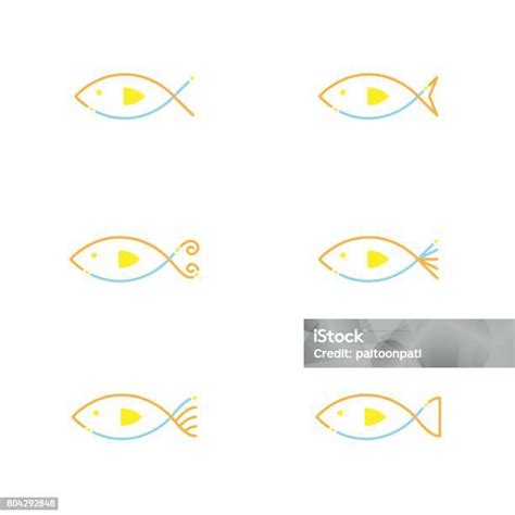 물고기 아이콘 개요 스트로크 설정 대시 선 디자인 그림 오렌지 노랑 파랑 색상 흰색 배경 벡터 Eps10에 고립 0명에 대한 스톡 벡터 아트 및 기타 이미지 Istock