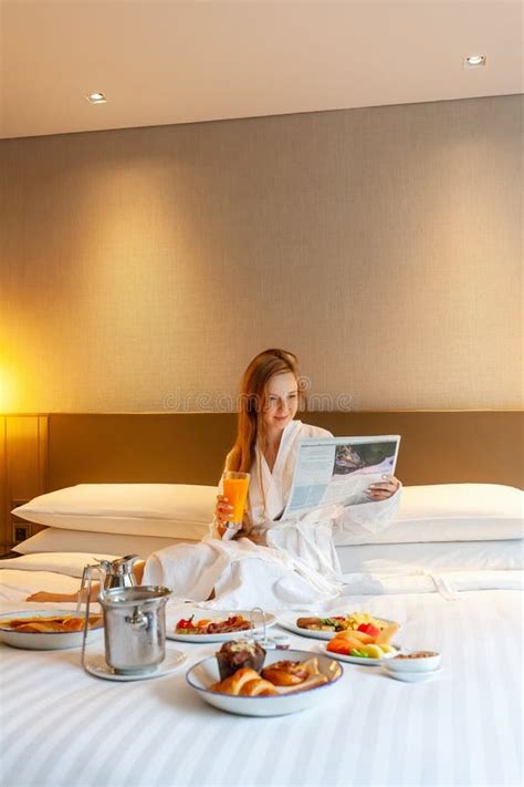 Food In Bed Serve In Luxury Hotel Woman On Vacation Enjoy Breakfast Stock Image Image Of