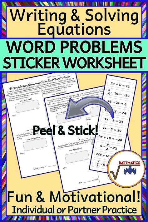 Writing Solving Equations Word Problems STICKER WORKSHEET Or CUT PASTE Solving Equations