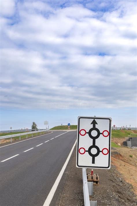 Roundabout Sign Indicating Upcoming Intersection On A New Road In Knezeves Czechia Stock Image