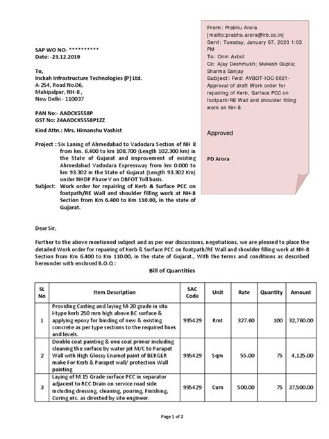 Approved 5021 Work Order Inckah Infra Kerb Laying And Surface Pcc