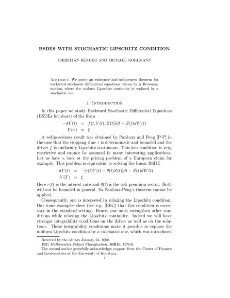Pdf Bsdes With Stochastic Lipschitz Condition