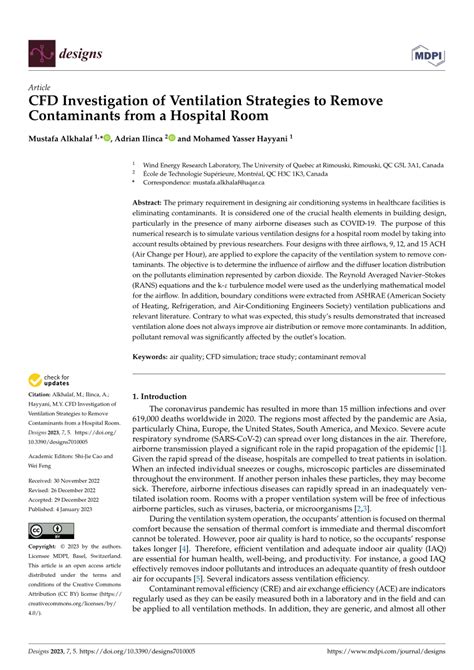 Pdf Cfd Investigation Of Ventilation Strategies To Remove Contaminants From A Hospital Room