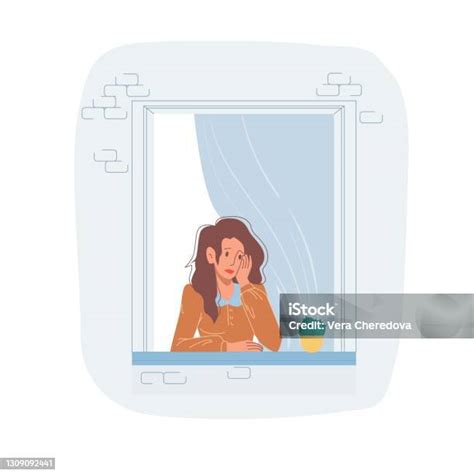 플랫 만화 여자 캐릭터 는 집 창 벡터 일러스트 개념에 슬픈 보인다 0명에 대한 스톡 벡터 아트 및 기타 이미지 0명 디자인 러시아 Istock