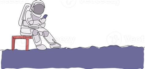 One Continuous Line Drawing Of Young Spaceman On Spacesuit Siting On Chair And Texting Using
