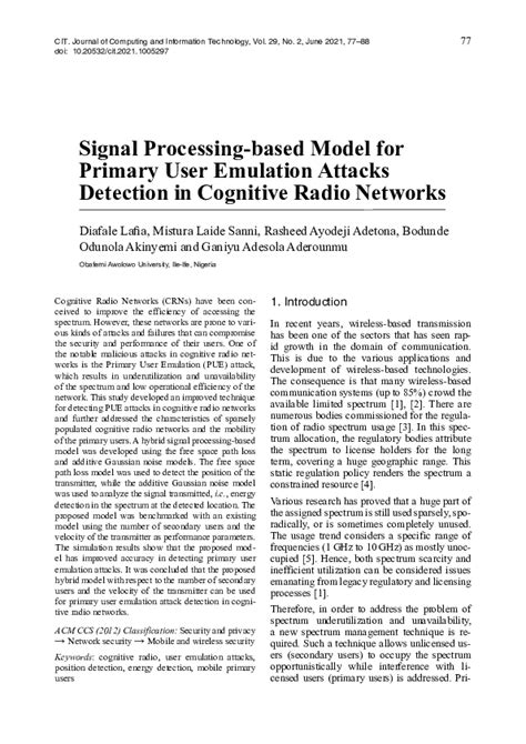 Pdf Signal Processing Based Model For Primary User Emulation Attacks