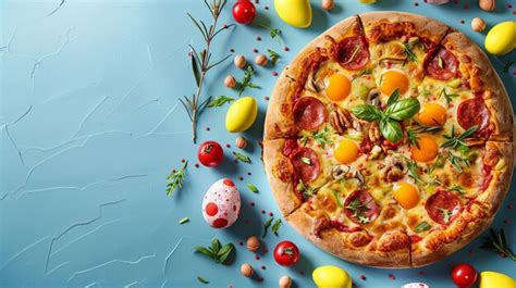 Premium Photo Easter Pizza With Colorful Eggs On Blue Background With