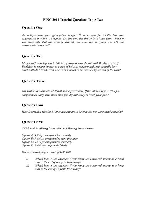 Topic FINC Tutorial Questions FINC Tutorial Questions Topic Two Question One An