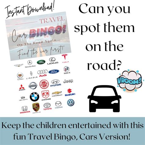 Printable Car Bingo Cards Fun Travel Game Digital Download 36 Car