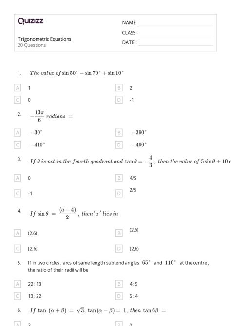 50 Trigonometric Equations Worksheets On Quizizz Free And Printable