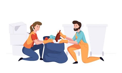 Premium Vector Man With Woman From Cleaning Company Staff Collecting Garbage In Package