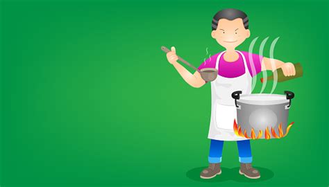 상인 요리 음식의 집합입니다 한 남자가 서서 큰 숟가락을 들고 왼손과 오른쪽에 삶은 냄비에 향료 병을 붓고 있습니다 캐릭터