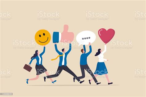 소셜 미디어 팀 커뮤니티 관리 또는 온라인 광고 소셜 네트워크 또는 커뮤니케이션 개념 관리 엄지 손가락 사랑 연설 거품 및 미소 표지판을 들고 비즈니스 피플 소셜 미디어 팀