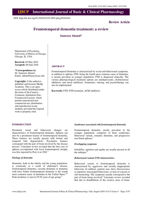 Pdf Frontotemporal Dementia Treatment A Review