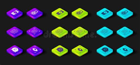 Set Cyber Security Eye Scan Fingerprint Safe Combination Lock And Smartphone Icon Vector