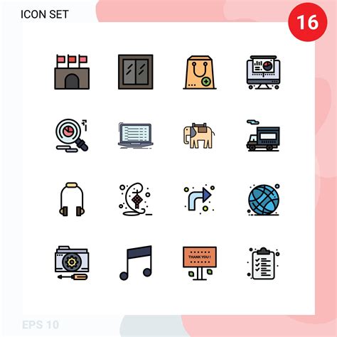 Modern Set Of 16 Flat Color Filled Lines Pictograph Of Research Projector Window Computer E