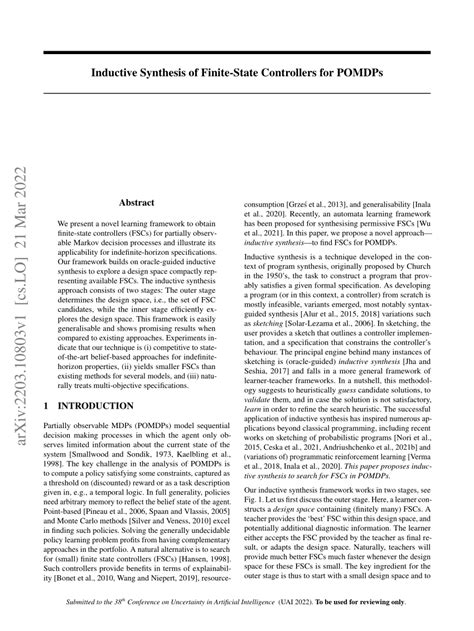 PDF Inductive Synthesis Of Finite State Controllers For POMDPs