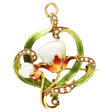 Bippart And Co Art Nouveau Pearl Enamel 14 Karat Gold Floral Pendant